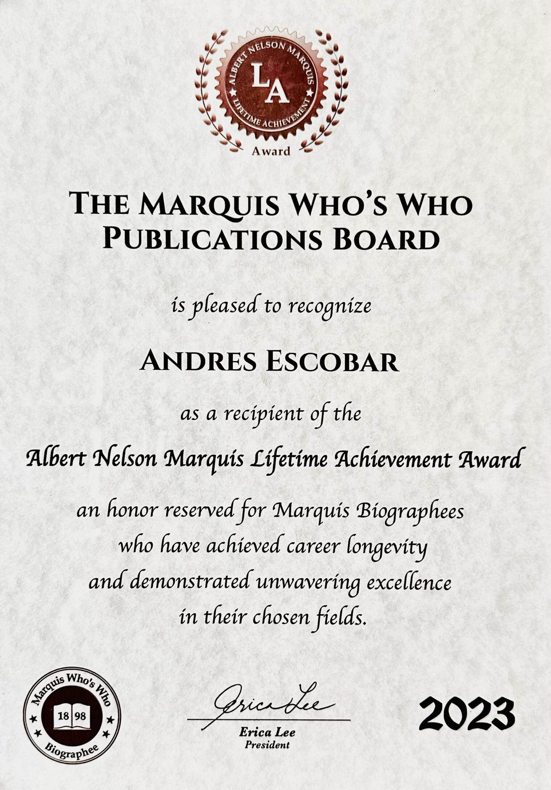 Andres Escobar Honored by Marquis Who’s Who for Dedication to the Field ...